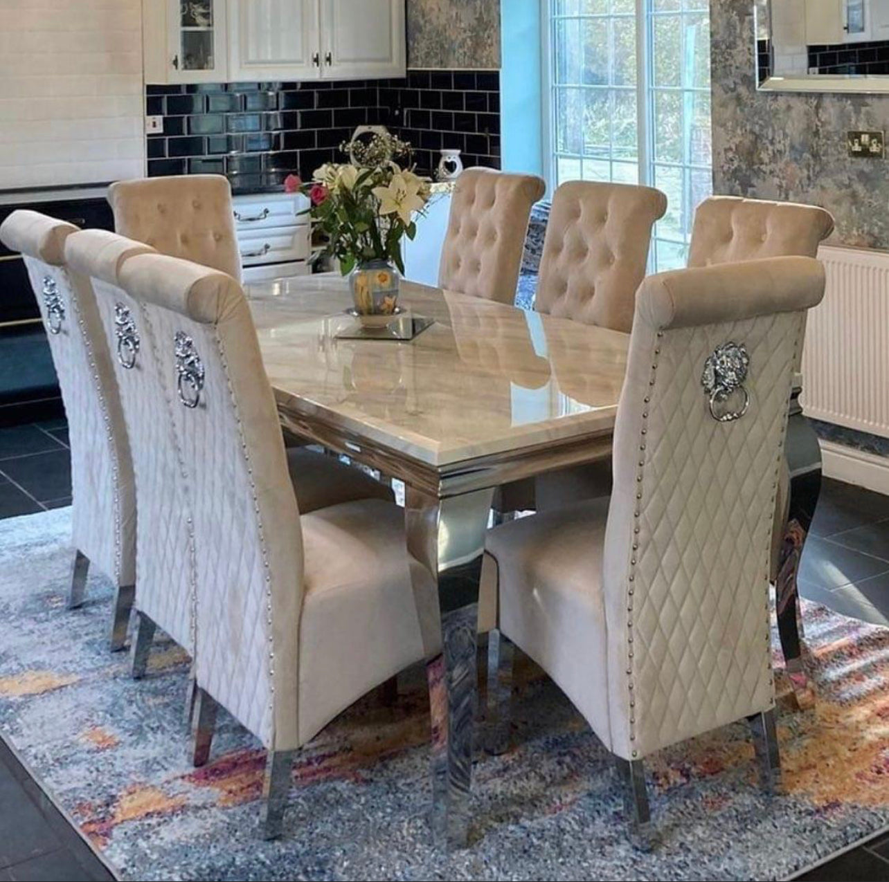 Louis Marble Dining Table + Sofia Dining Chairs Lion Knocker – Eliteambientinteriors