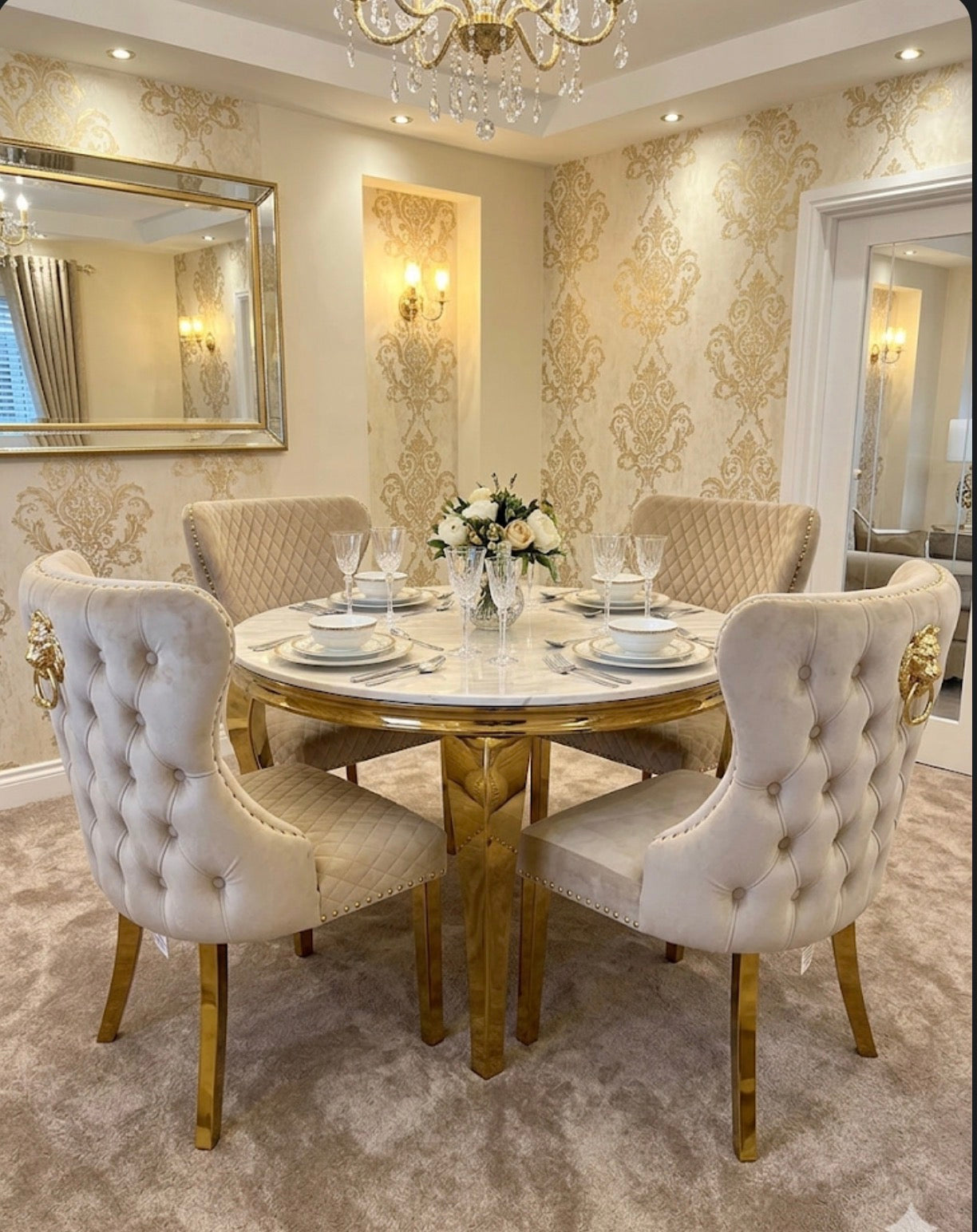 130cm & 110cm Round Cream & Gold Dining Table Set with Valentino Mink ...