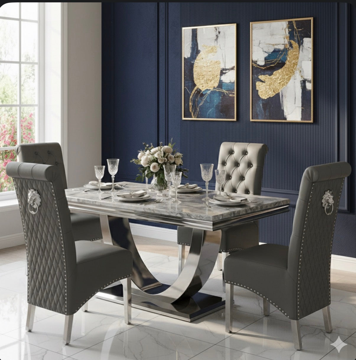 Ariel Grey Marble Dining Table with Sofia Dark Grey PU Leather Dining ...
