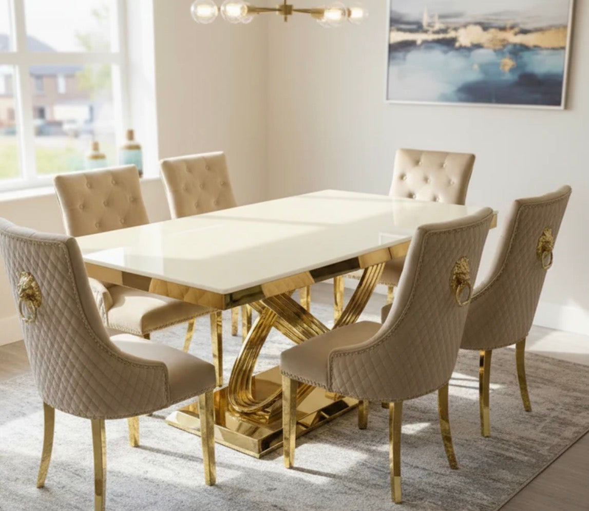 Rose Cream & Gold Dining Table Set | Mink & Lion Knocker Dining Chairs ...
