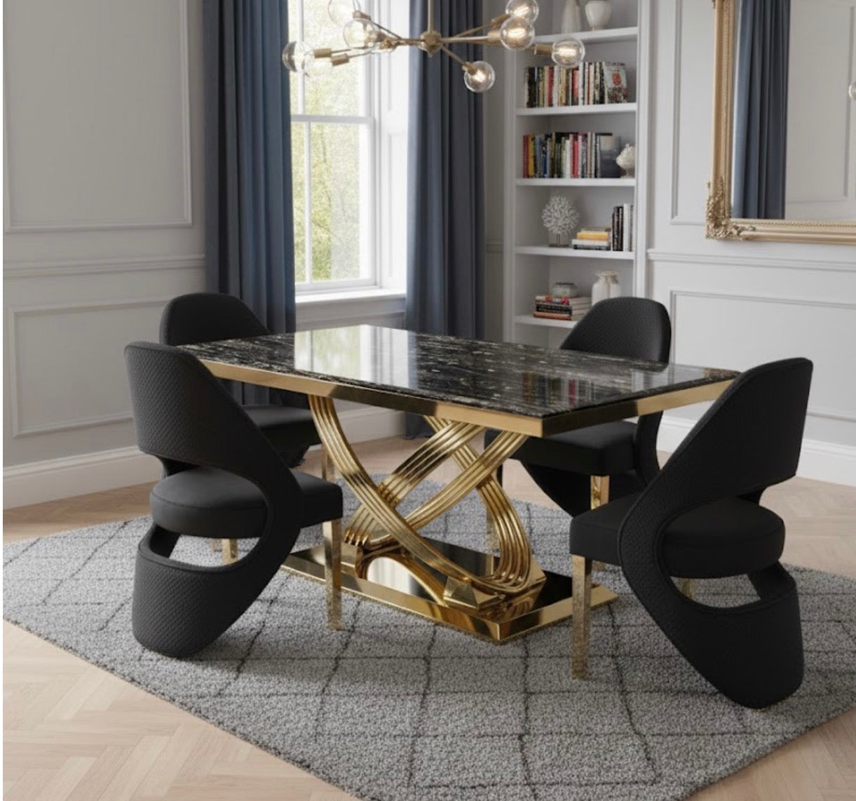 Rose Black and Gold Marble Dining Table + Santorini Black And Gold Din ...