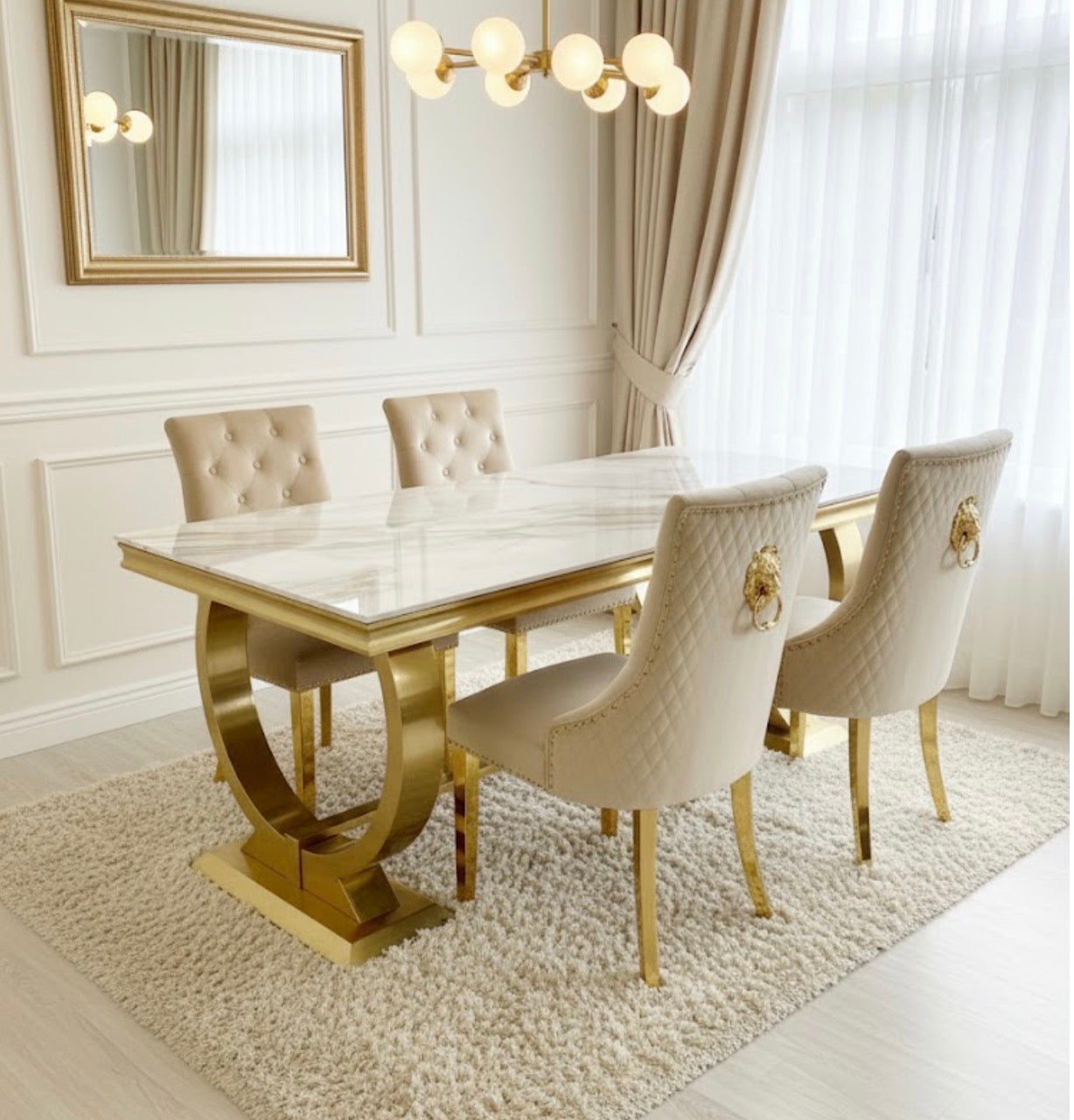 Arianna Gold Cream Marble Dining Table + Gold Majestic Mink Dining Cha ...