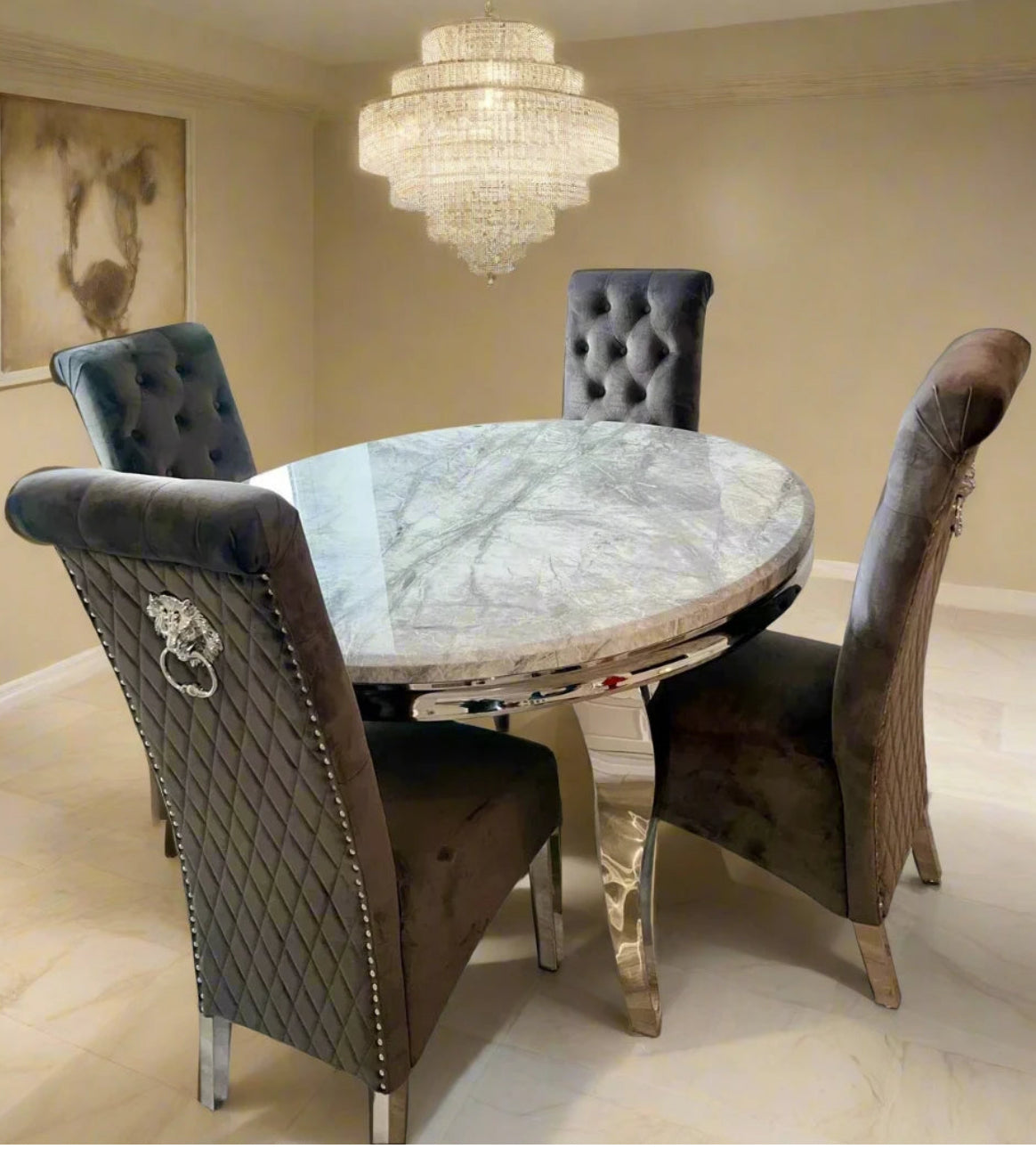 Round Grey Marble Dining Table + Emma Grey Lion Knocker Chairs ...